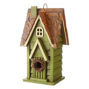 Glitzhome 12" H Green Hanging Distressed Solid Wood Garden Bird House Decoratvie Birdhouse