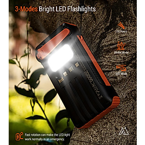 OOPOWEROO Solar Power Bank 20000mAh Built in Hand Crank and 4 Cables 22.5W Fast Charge Power Bank 5 Outputs & 5 Inputs Solar Portable Charger, SOS/Strobe/Strong Flashlights, Carabiner (Orange)