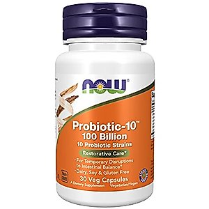 NOW Supplements, Probiotic-10™, 100 Billion, with 10 Probiotic Strains,Dairy, Soy and Gluten Free, Strain Verified, 30 Veg Capsules