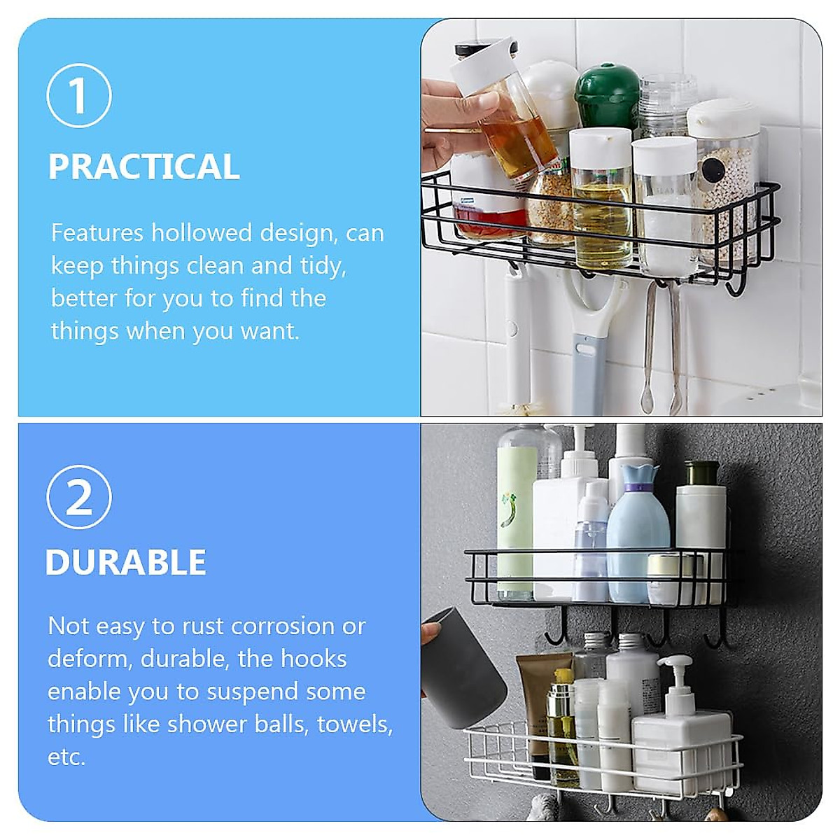 DOITOOL Self Adhesive Bathroom Shelf with Hooks, Shower Organizer Metal Shower Rack Bathroom Storage Basket, Kitchen Organization and Bathroom Storage