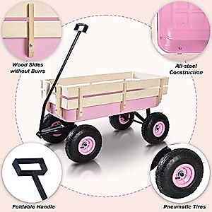 All Terrain Wagons for Kids Wagon with Removable Wooden Side Panels Garden Wagon Cart Heavy Duty with Steel Wagon Bed Folding Wagons for Kids/Pets Ideal Gift for Kids for Halloween Christmas, Pink