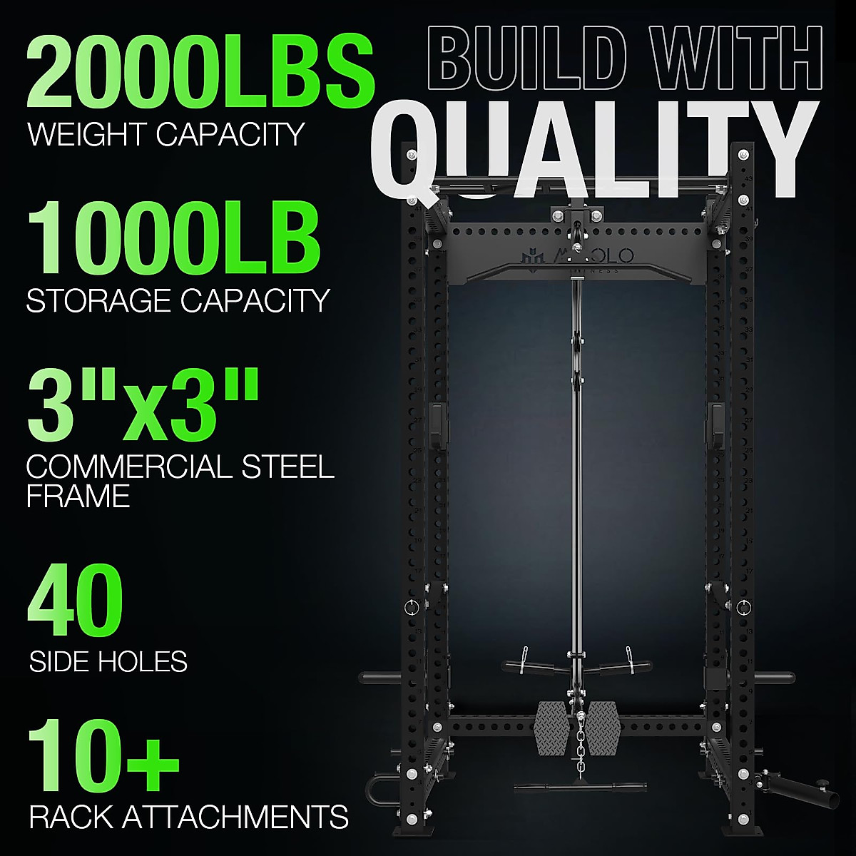Mikolo 3" x 3" Power Cage, 2000lbs Power Rack, Multi-Functional Squat Rack with J-Hook, Band Peg, Commercial Squat Cage for Home Gym with Attachment Set, 3x3 Commercial Squat Rack (Black)
