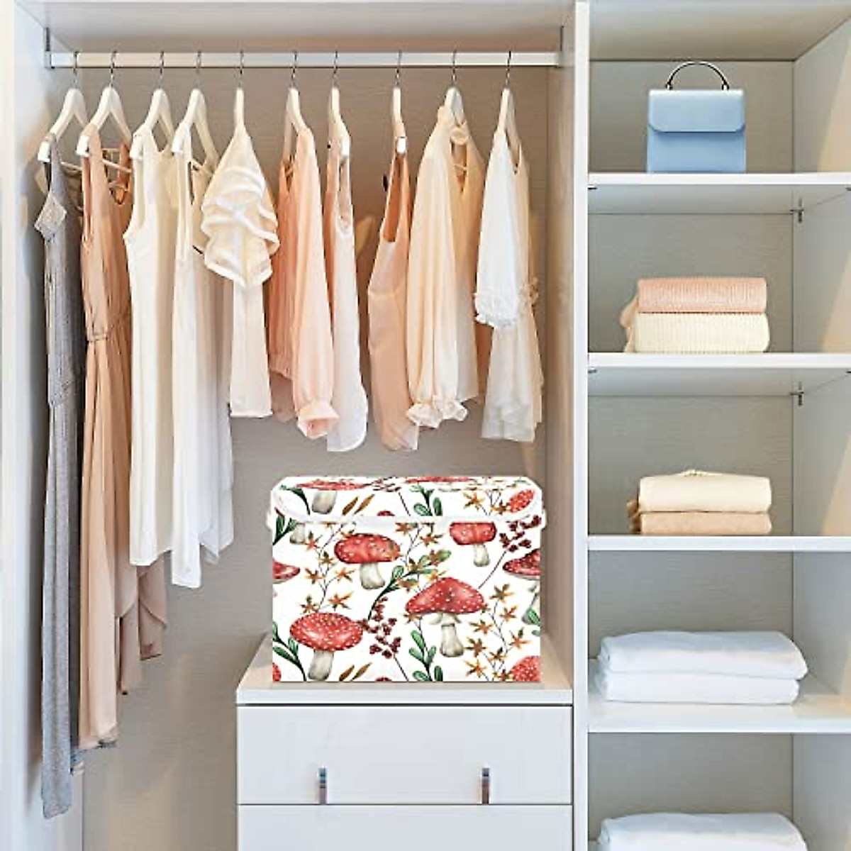 Mushroom Leaves Storage Basket 16.5x12.6x11.8 In Collapsible Fabric Storage Cubes Organizer Large Storage Bin with Lids and Handles for Shelves Bedroom Closet Office