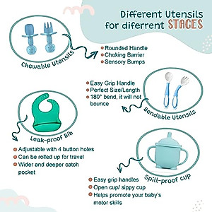 VaBa Du Baby Feeding Set - 10-Pack - Easy Baby Led Weaning - Adjustable Bib, Food Feeder, Utensils, Dish & Suction Bowl with Lid, and Sippy Cup