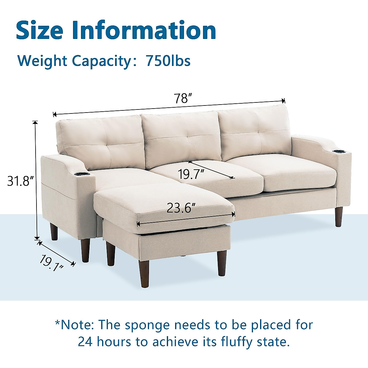 Dolonm L-Shape Modern Sofa, Sectional Couch with Built-in USB Port and Convenient Cup Holder, 3-Seater Sofa with Storage Ottoman, Couch for Living Room, Office, Apartment, Beige