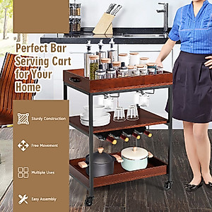 COSTWAY Kitchen Rolling Island Cart, 3-Tier Rolling Bar Serving Cart with Wine Rack & Glass Holders, Industrial Baker’s Rack on Wheels, Convenient Handle, Brown