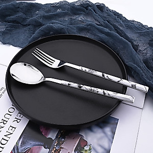 Uniturcky 16-Piece Silverware Set with Dessert Fork, Stainless Steel Flatware Cutlery Set for 4, Mirror Finish Tableware Utensil Set, Marble Texture Handle, Include Knife Fork Spoon(White & Silver)