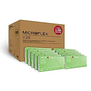 Microflex V28 Disposable Powder-Free Vinyl Gloves for Food Processing, Light Cleaning w/Smooth Surface - Med, Natural (Case of 1000)