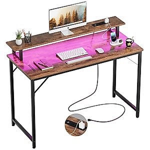iSunirm 47 inch Computer Desk with Power Outlets, Gaming desk with LED Lights, Home Office Work Desk with Monitor Shelf, Modern Office Desk Study Writing Table for Small Spaces, Rustic Brown