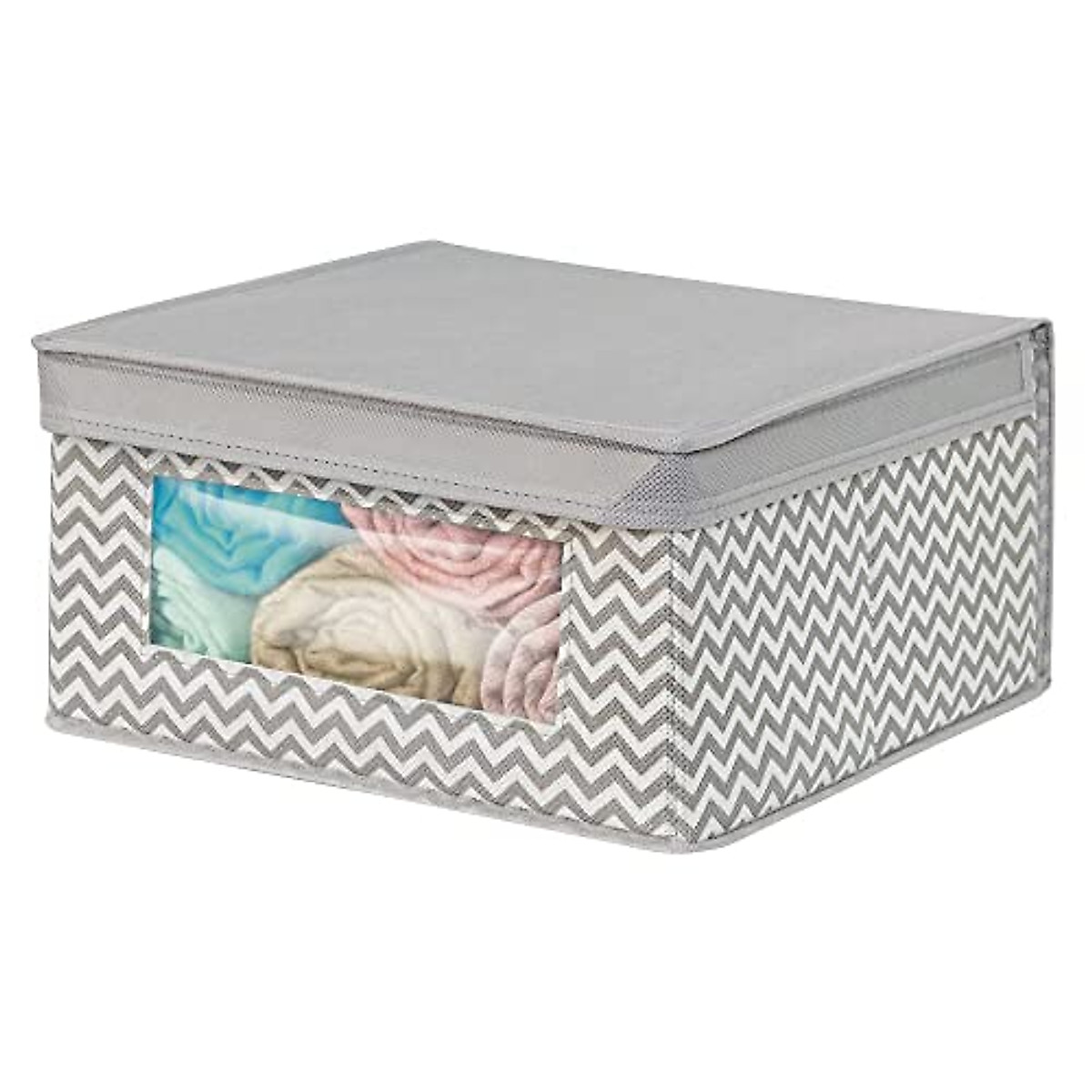 mDesign Medium Fabric Stackable Closet Storage Organizer Box, Front Window/Lid - Bedroom, Office, Mudroom Organization, Hold Clothes, Blankets, Linens, Spira Collection, 4 Pack, Taupe/Natural Chevron