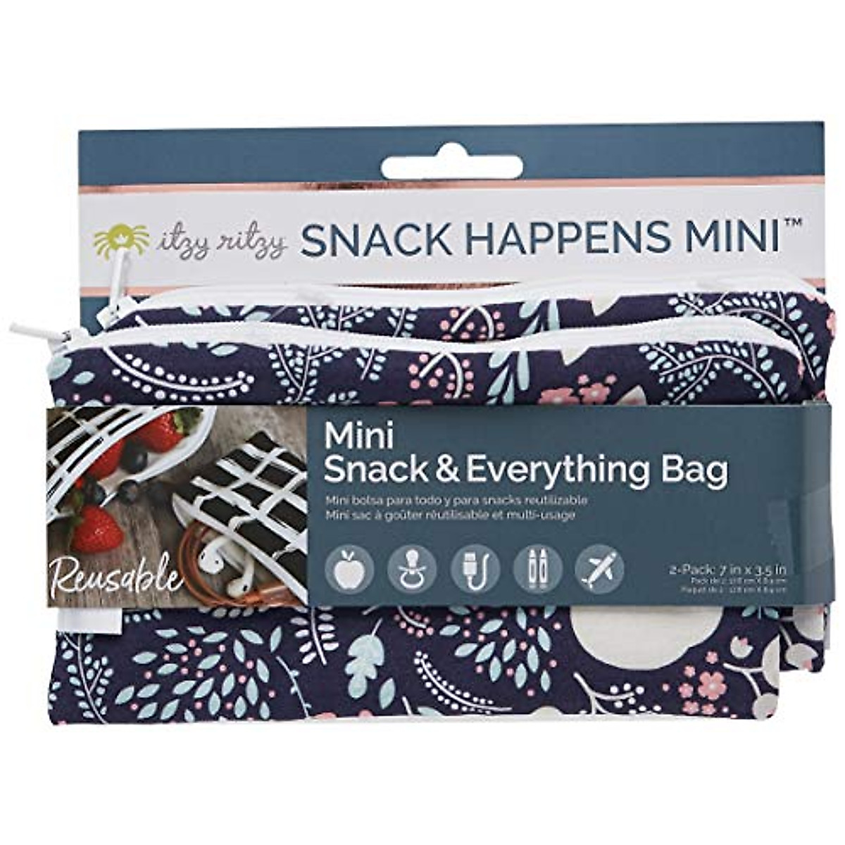 Itzy Ritzy Reusable Mini Snack Bags – 2-Pack of 3.5” x 7” BPA-Free Snack Bags are Food Safe & Washable for Storing Snacks, Pacifiers and Makeup in a Diaper Bag, Purse or Travel Bag, Fox Hollow