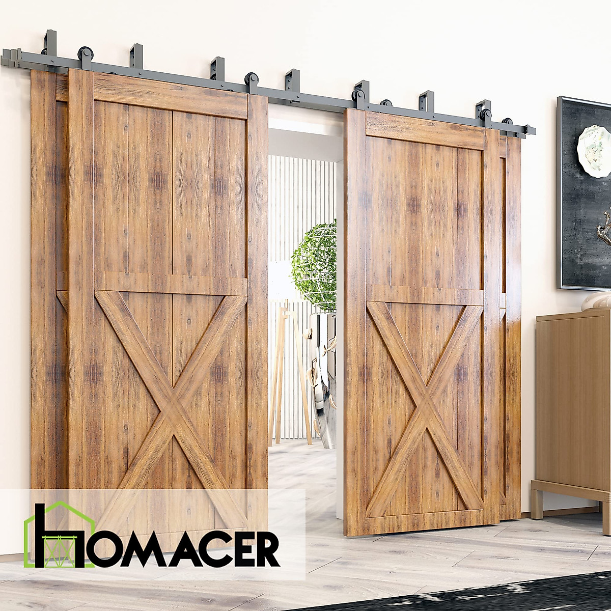 Homacer Black Rustic Double Track U-Shape Bypass Sliding Barn Door Hardware Kit, for Four Doors, 12ft Long Flat Track, T-Shape Design Roller
