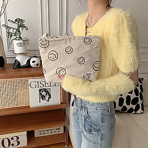 Cosmetic Bags for Women - Corduroy Cosmetic Bag Aesthetic Women Handbags Purses Smile Dots Makeup Organizer Storage Makeup Bag Girls Case Bags (Beige)