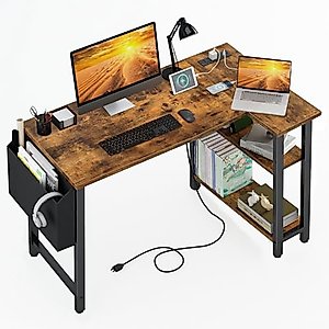 Lufeiya Small L Shaped Desk with Power Outlet Shelves, 40 Inch Corner Desk for Small Space Home Office, L-Shaped Computer Desk PC Desks with Charging Station, Rustic Brown