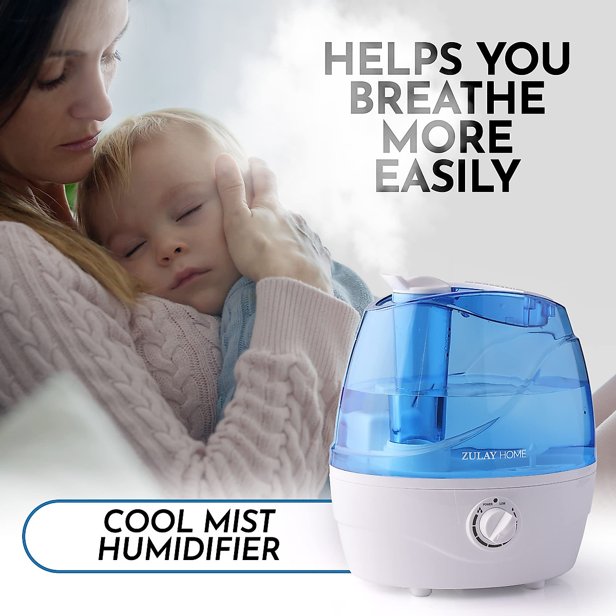 Zulay Cool Mist Humidifiers (2.2L Water Tank) - Quiet Ultrasonic Humidifiers For Bedroom with Auto-Shutoff Feature - Air Humidifier For Plants, Babies Nursery and Kids Room (Blue)