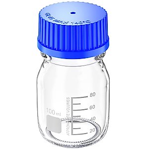 100ml Glass Round Media Storage Bottles with GL45 Screw Cap, Borosilicate Glass, Reagent Bottle Graduations,Pour Ring Included (Pack of 2)