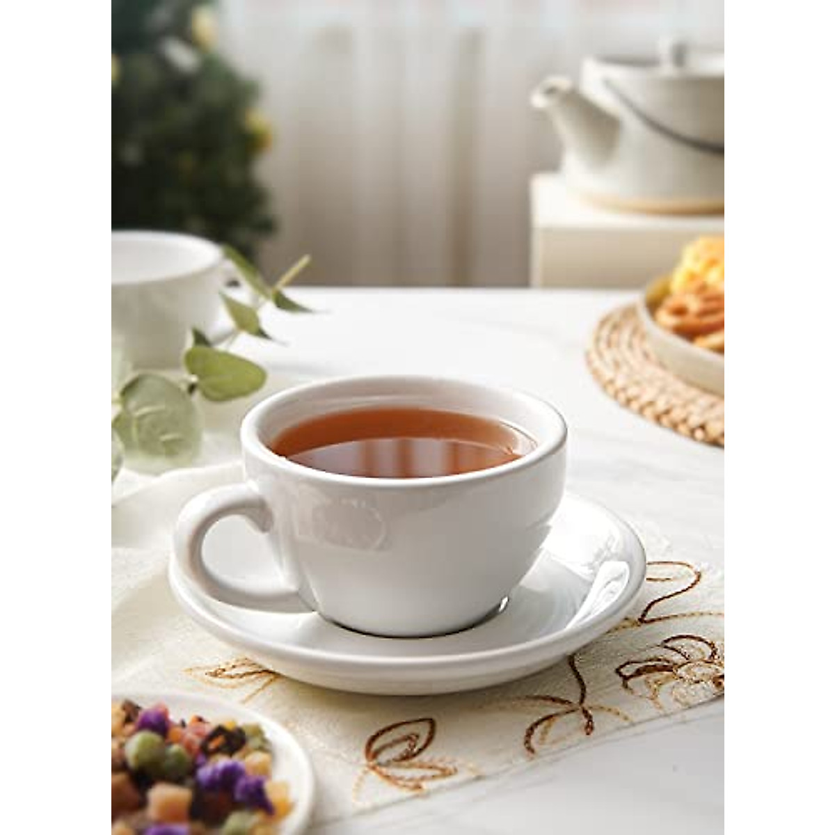 LE TAUCI 6 oz Cappuccino Cups with Saucers，Ceramic Coffee Cup for Au Lait, Double shot, Latte, Cafe Mocha, Tea - Set of 4, White