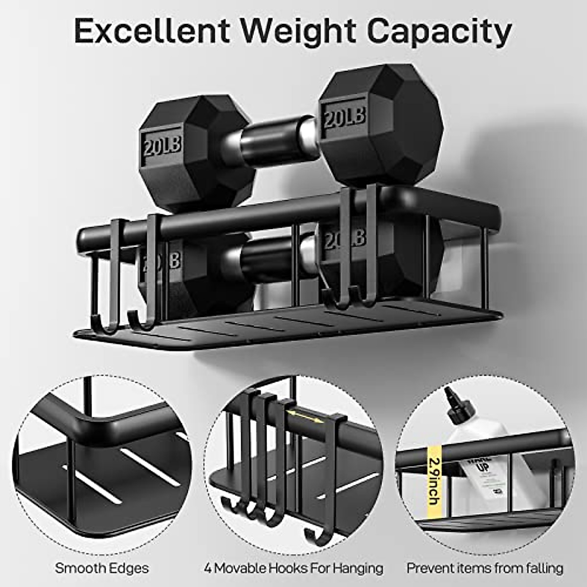 Midphorn 2-Pack Adhesive Shower Caddy, No Drilling Shower Shelf with Hooks Rustproof Wall Mounted Shower Organizer for Inside Shower Bathroom Storage Shampoo Holder, Matte Black