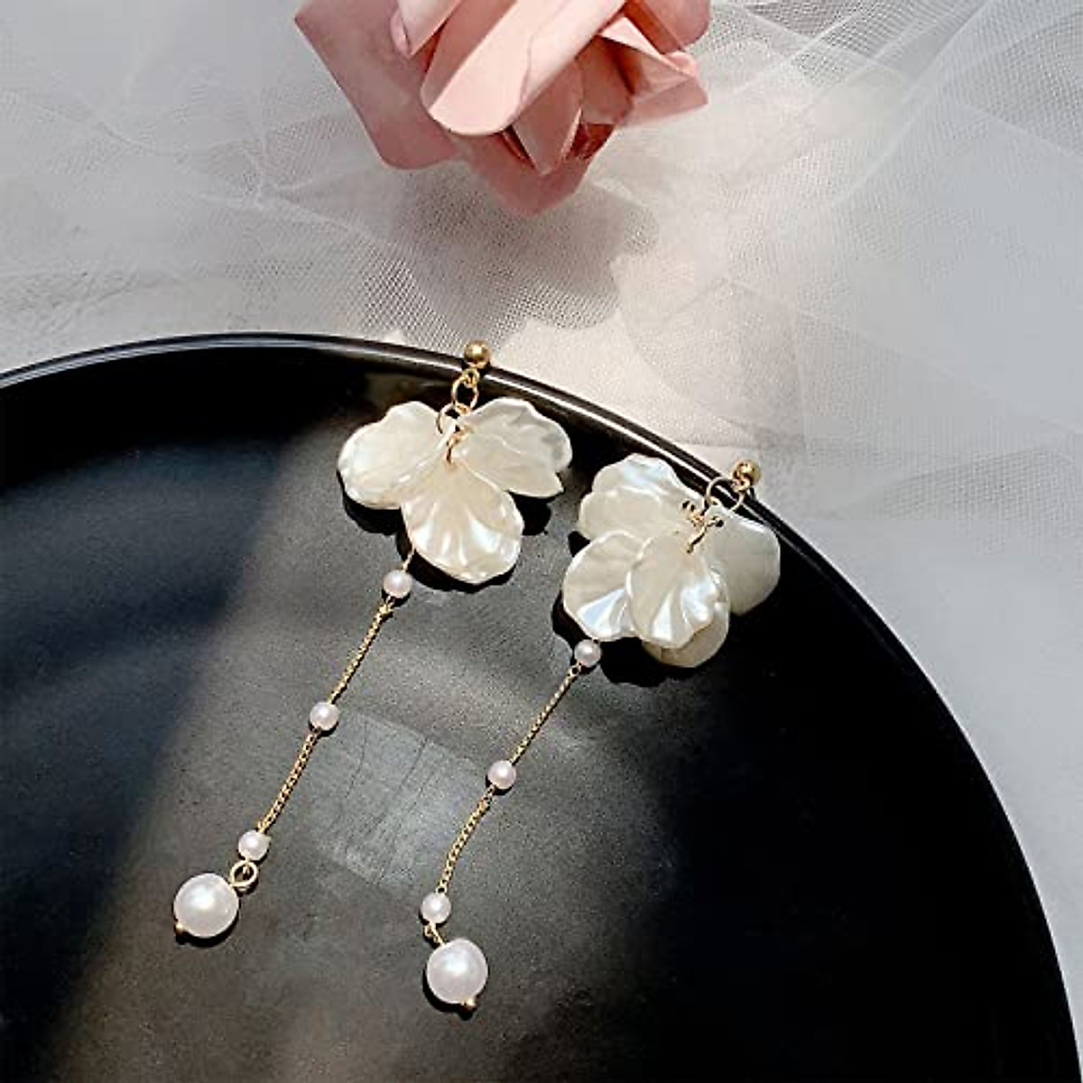 KRUCKEL White Pressed Flower Dangle Earrings | Golden Studs with Pearl like Drops | Hypoallergenic, Lightweight Jewelry for Women | Sparkle at Birthday, Anniversary, Graduation, Wedding