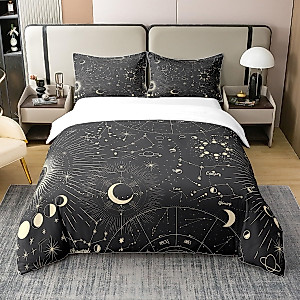 jejeloiu Sun Moon Duvet Cover 100% Cotton Queen Size 1 Panel Boho Exotic Bedding Cotton Duvet Cover Set Solar System Galaxy Astrology Space Bedspread Cover