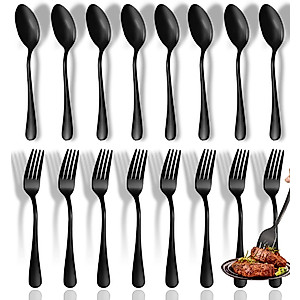 Black Spoons and Forks Set, Set of 16 Top Food Grade Stainless Steel Forks and Spoons Silverware Set, Kitchen Accessories Forks (8 Inch) and Spoons (6.69 Inch) Cutlery Set, Mirror Finish