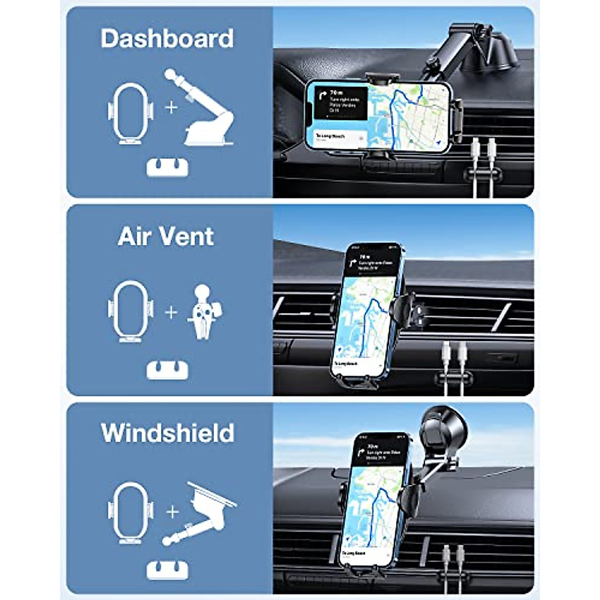 [Upgraded] YRU Car Phone Mount, Sturdy Suction Adjustable Long Arm Cell Phone Holder for Car Dashboard Air Vent Windshield, Handsfree Dash Stand for iPhone 14 13 Pro Max, Samsung Universal Cellphone