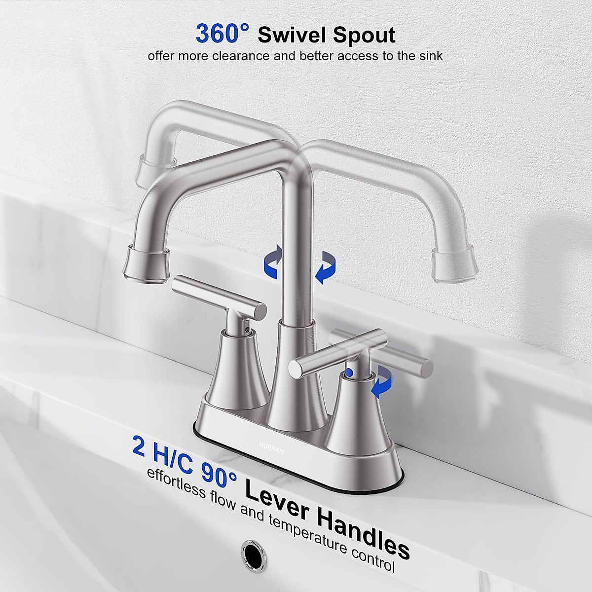 Bathroom Sink Faucet, Hurran 4 inch Brushed Nickel Bathroom Faucets for Sink 3 Hole with Pop-up Drain and Supply Lines, Stainless Steel 2-Handle Centerset Faucet for Vanity RV Restroom