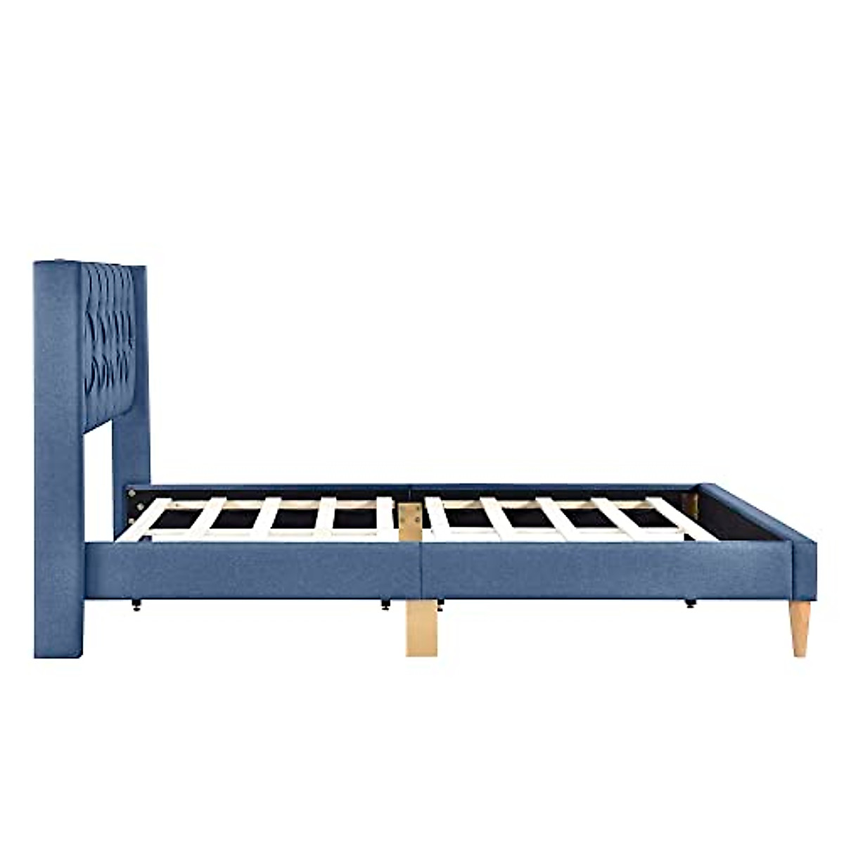 Lifeand Full Size Upholstered Platform Bed with Rubber Wood Legs,No Box Spring Needed, Linen Fabric,Blue