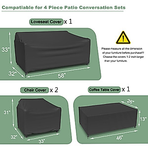 Outdoor Furniture Cover Waterproof, 4-Piece Patio Furniture Covers for 4 PCS Patio Outdoor Conversation Set, Included: Ourdoor Loveseat Cover, 2 Patio Chair Covers, Outdoor Coffee Table Cover-Grey