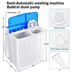 COSTWAY Portable Washing Machine, Semi-Automatic Twin Tub 13lbs Compact Washer and Spinner, Built-in Drain Pump, Control Knobs and Hose, Laundry washer for Apartment, RV, Blue