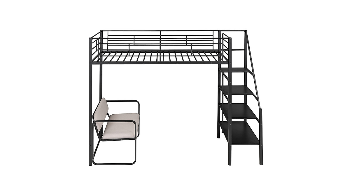 Twin Size Loft Bed with Storage Stairs & Bench | Modern Metal Frame