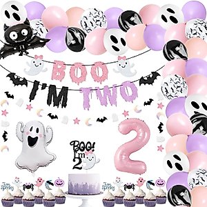 Boo I'm Two Halloween Birthday Party Pack Boo I'm Two Banner Cake Topper Halloween Ghost Bat Balloons for Girls' Pink and Purle Halloween Birthday Decorations