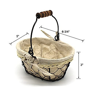 CVHOMEDECO. Primitives Country Chicken Wire Small Gift Baskets Gathering Baskets with Wooden Handle and Fabric Liner. Set of 2 (Oval)