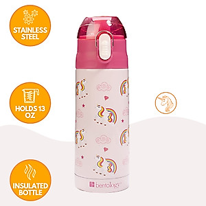 Bentology Stainless Steel 13 oz Unicorn Insulated Water Bottle for Girls – Easy to Use for Kids - Reusable Spill Proof BPA-Free Water Bottle