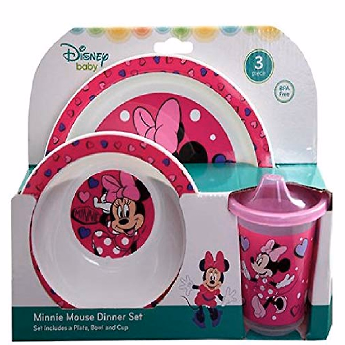 Minnie Mouse 3pc PP Dinner Set in Open Box (Plate, Bowl and Cup)