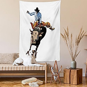 Ambesonne Rodeo Tapestry Twin Size, Yea Haw Cowboy Bucking Bull Western Sports American Graphic, Wall Hanging Bedspread Bed Cover Wall Decor, Twin Size, Rust Beige