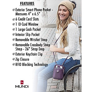 Mundi Jacqui RFID Blocking Crossbody Wallet Bag for Women, Compact Travel-Size Cell Phone Holder Purse - Vegan Leather, Purple