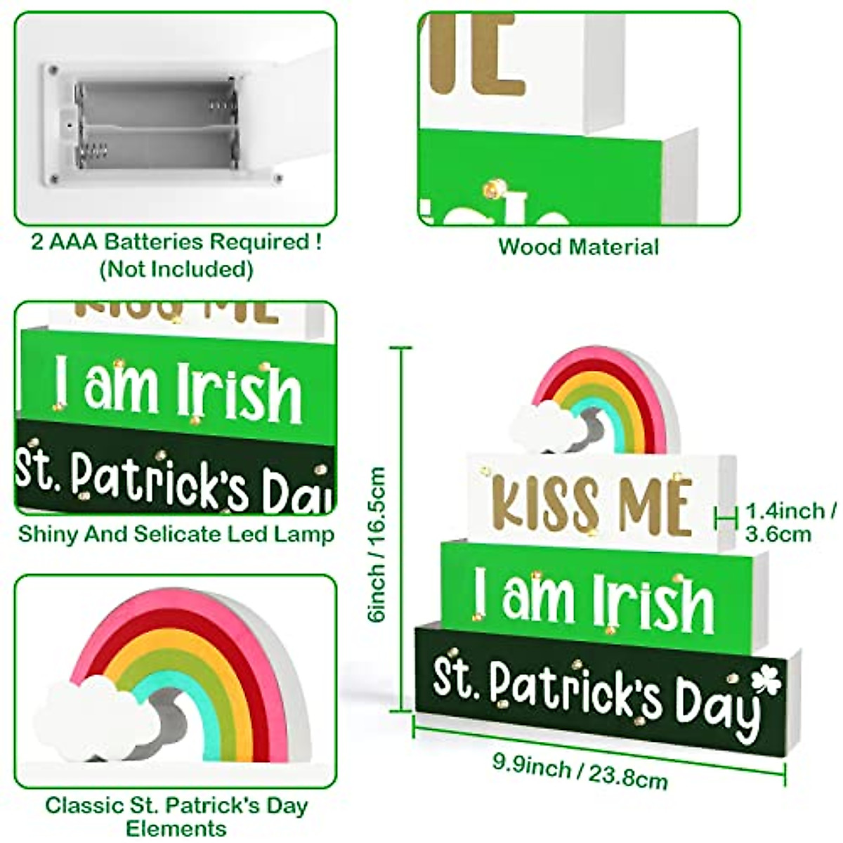 SURCVIO St Patricks Day Decorations Wooden Block Sign with Led Lights Light up Wood Sign Decor for Table Mantle Irish Themed Party Home Farmhouse Desk Decor Home Tabletop Tiered Tray Decor