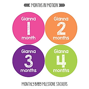 Personalized Baby Girl Monthly Milestone Stickers for First Year | Custom Set of 24 Name Labels for Shower Gift | Bright Colorful