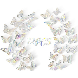 3D Butterfly Wall Decor - 72 PCS 3 Sizes 6 Styles Laser Butterfly Decorations - Butterfly Birthday Party Decorations/Butterfly Cake Decorations/Butterfly Stickers for Kids Bedroom Nursery Wedding
