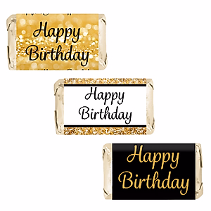 Happy Birthday Party Miniatures Candy Bar Wrapper Stickers - Gold and Black - 45 Count