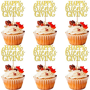 24 PCS Happy Friendsgiving Cupcake Toppers Glitter Fall Theme Thanksgiving Cupcake Picks Give Thanks Cake Decorations for Happy Thanksgiving Day Theme Birthday Party Supplies