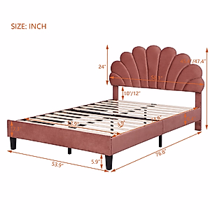 Velvet Full Size Platform Bed with Flower Pattern Headboard, Upholstered Full Bed Frame with Wood Slat Support for Bedroom, Easy Assembly, Noise-Free, No Box Spring Needed, Bean Paste Red