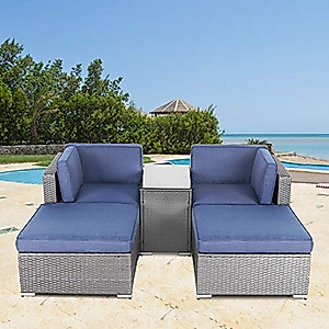 SOLAURA 5-Piece Outdoor Patio Furniture Set, PE Rattan Wicker Chair Sectional Sofa Set with YKK Zipper and Glass Coffee Table - Navy Blue
