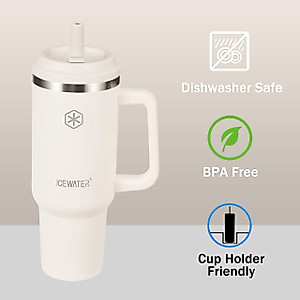 ICEWATER 40 oz Tumbler with 2 Lids (Flip & Standard Straw),100% Leak Proof Insulated Tumbler with Handle, Cup Holder Friendly, Stainless Steel Water Bottle, Gifts for Women & Men (Cream)