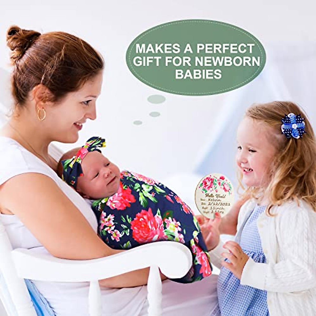 Yahenda 5 Pieces Baby Newborn Receiving Blanket with Headband Hat Set and Personalized Wood Birth Announcement Card Flower Print Baby Swaddle Receiving Blankets