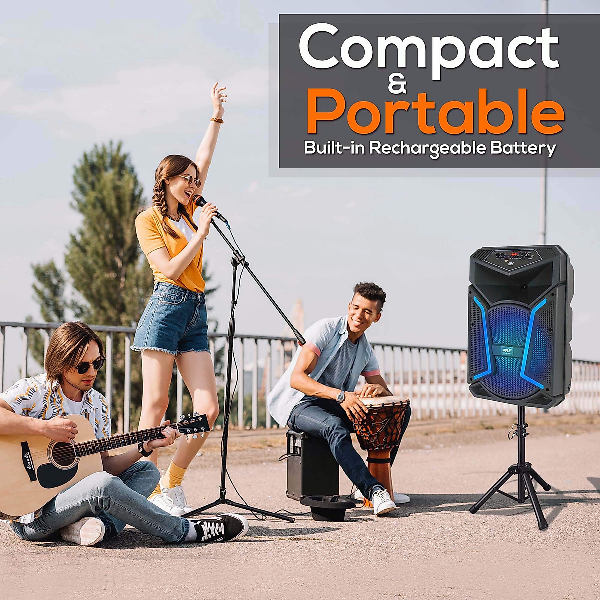 PYLE Portable Bluetooth PA Speaker System - 1200W Outdoor Bluetooth Speaker Portable PA System w/ Microphone In, Party Lights, MP3/USB SD Card Reader FM Radio, Rolling Wheels - Mic, Remote PPHP152SM