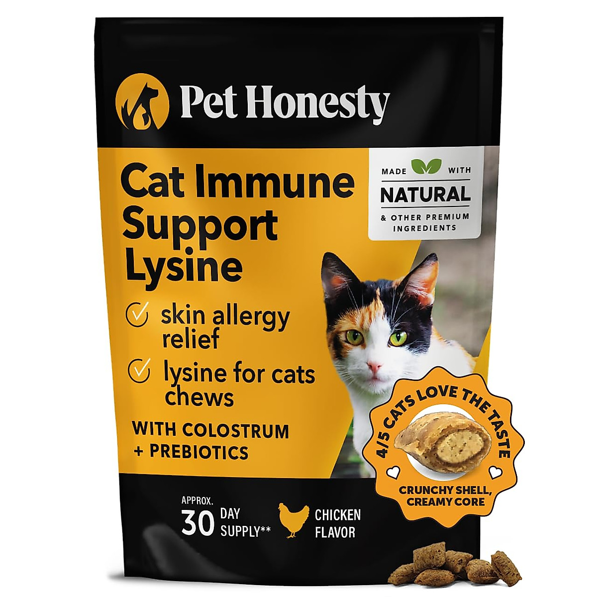 Pet Honesty Cat Immune Support Lysine - Cat Allergy Relief - Sneezing, Runny Nose, Watery Eyes - Cat Supplements & Vitamins with Omega 3s, L-Lysine, Antioxidants, Colostrum - Chicken (30 Day Supply)