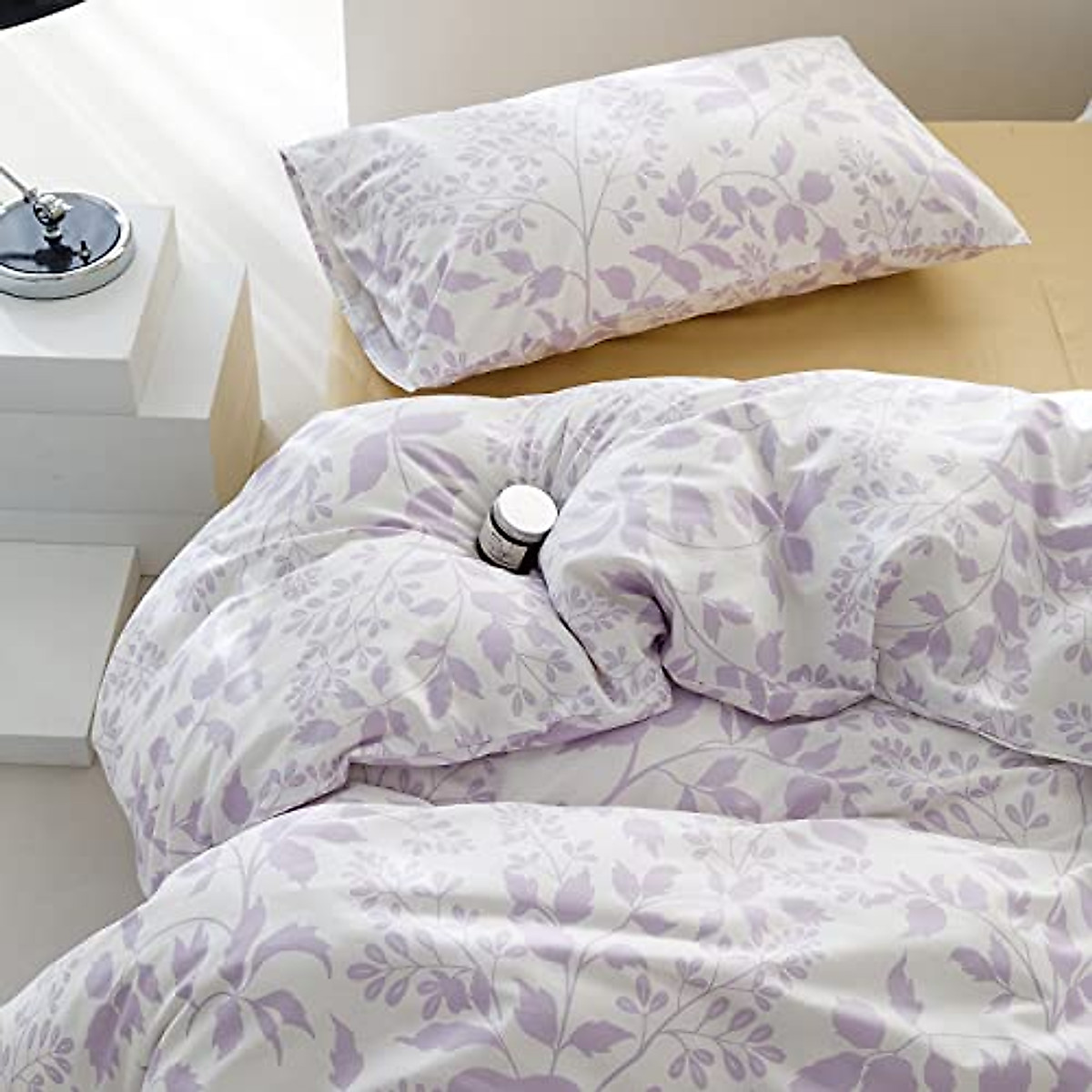 MKXI Purple Floral Bedding Queen Duvet Cover Girls Botanical Bed Cover White and Purple Print Reversible Comforter Cover Adults Cotton Bedroom Collection