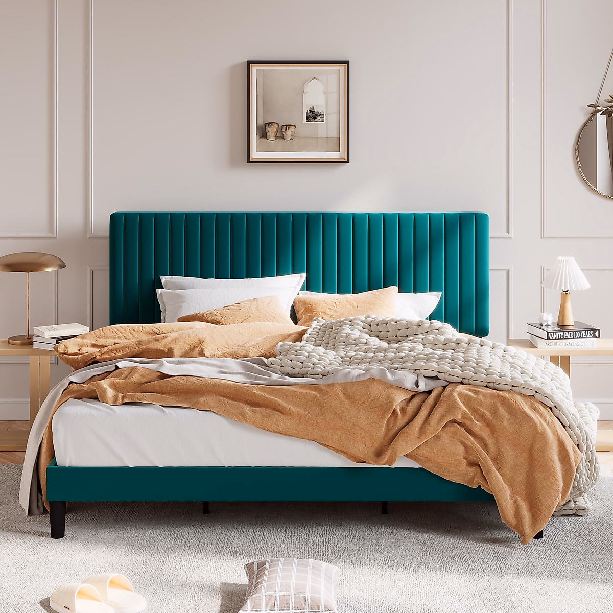 SHA CERLIN King Upholstered Platform Bed Frame with Vertical Channel Tufted Velvet Fabric Adjustable Headboard, Wooden Slats Support, Mattress Foundation, Box Spring Optional, Teal